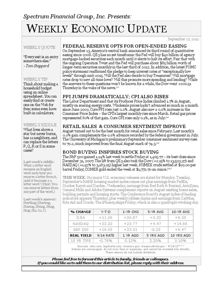 9-18-2012 Weekly Economic Update | PDF | Finance & Money Management