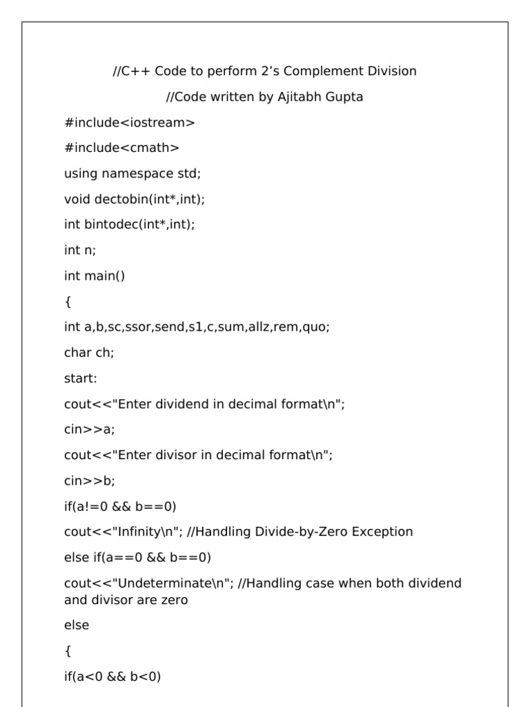 2's Complement Division C++ Program | PDF | Division (Mathematics) | Arithmetic