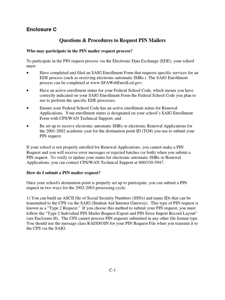 Enclosure C Questions & Procedures To Request PIN Mailers: Who May ...