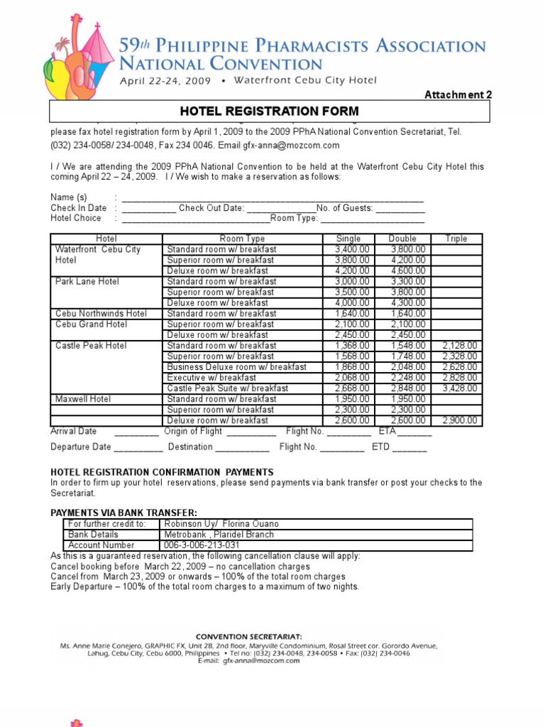 2009 PPhA National Convention-Hotel Registration Form | PDF | Hotel ...