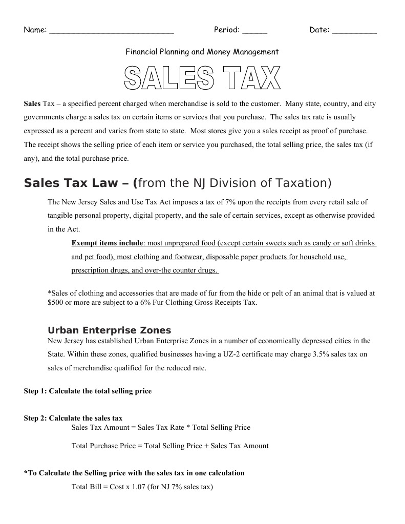 Sales Tax Worksheet | PDF | Sales Taxes In The United States | Sales Tax