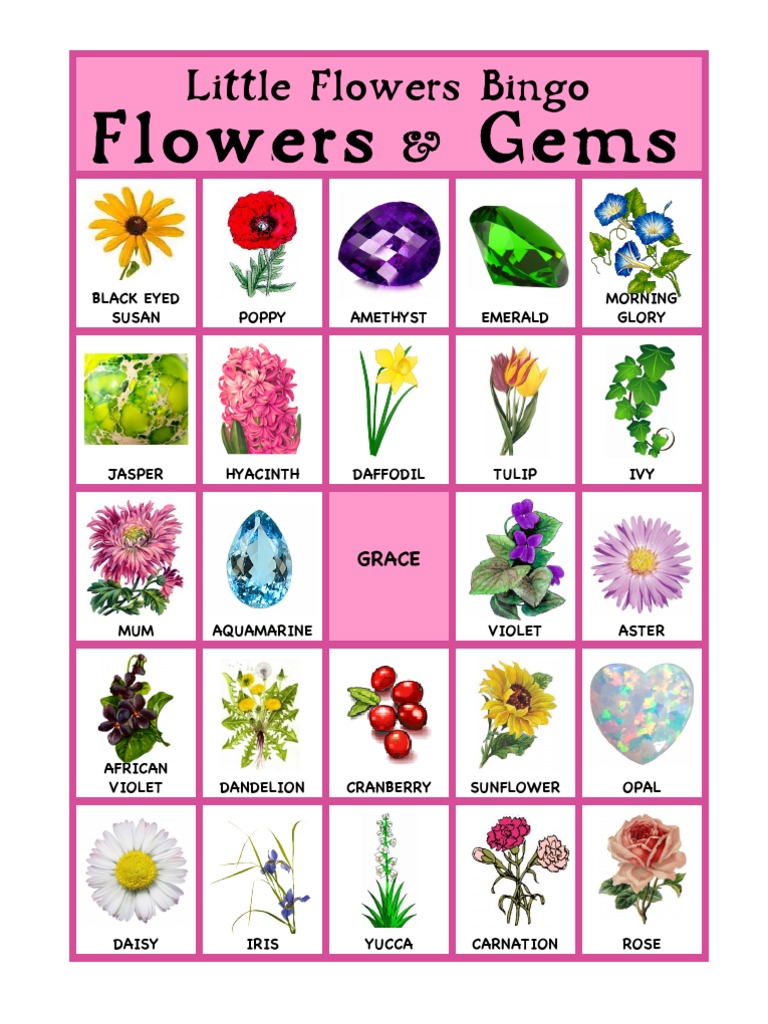 Little Flowers and Gems Bingo Cards | Gemstone | Garden Plants