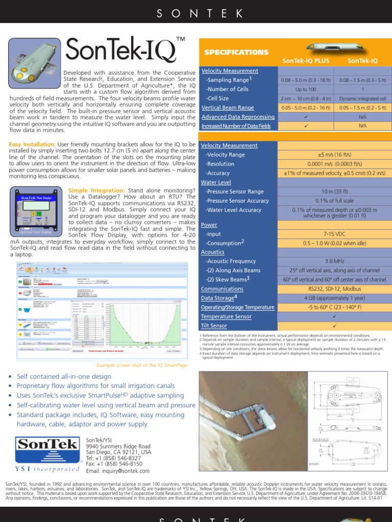 SonTek-IQ Spec Sheet | PDF | Sensor | Electrical Engineering