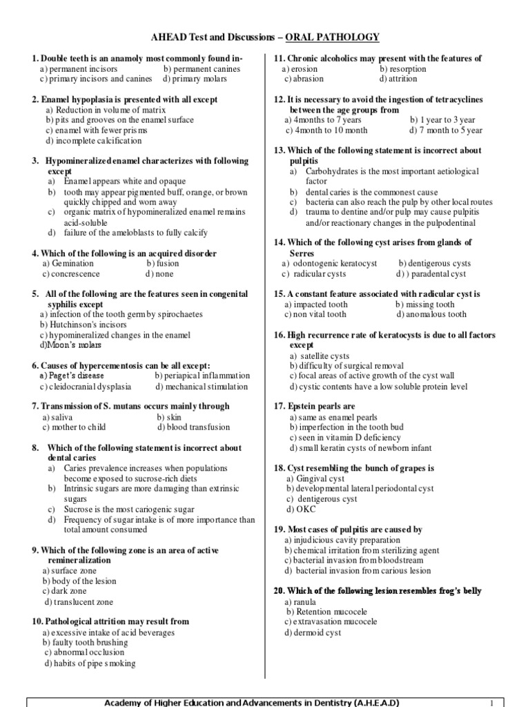 Oral Pathology Mcqs | PDF | Tooth Enamel | Tooth