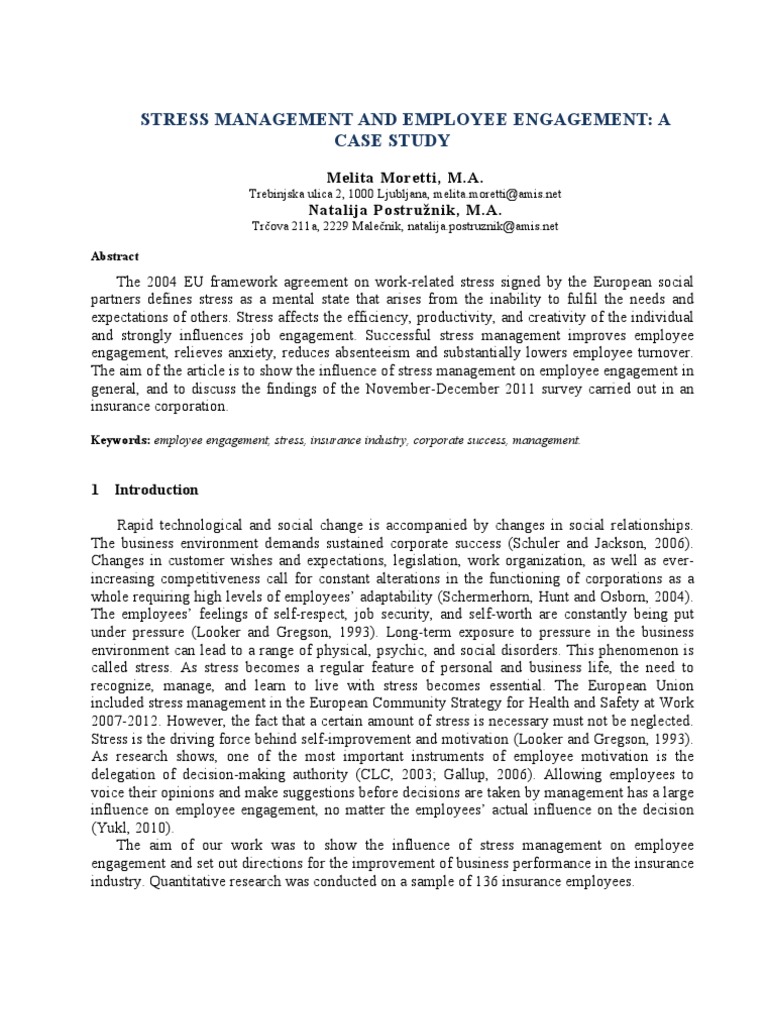 Stress Management and Employee Engagement - A Study Case-Chance For ...