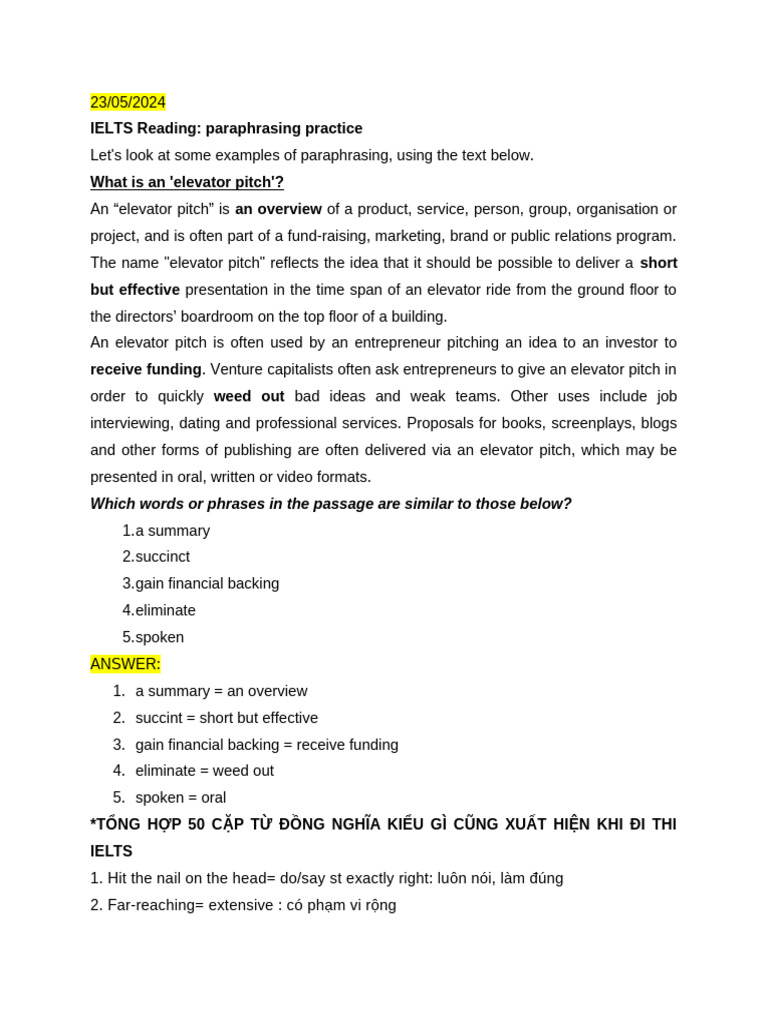 Paraphrasing Ielts Exercises & Synonym Words | PDF