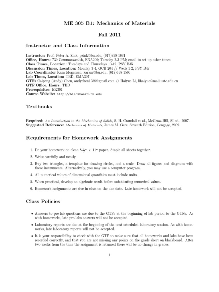 ME 305 B1 Zink F11 | PDF | Stress (Mechanics) | Bending