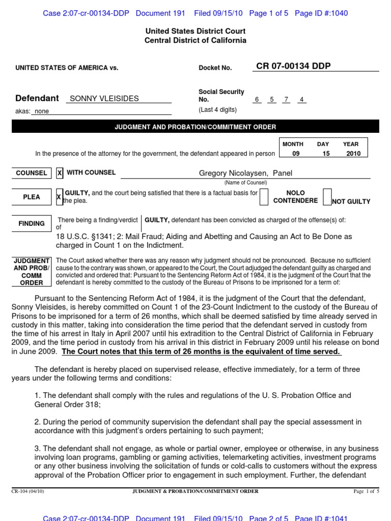 Judgment/probation order | United States Federal Probation And ...