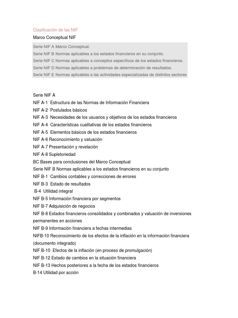 Clasificación de las NIF