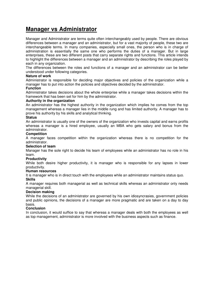 Manager Vs Administrator | PDF | Employment | Business
