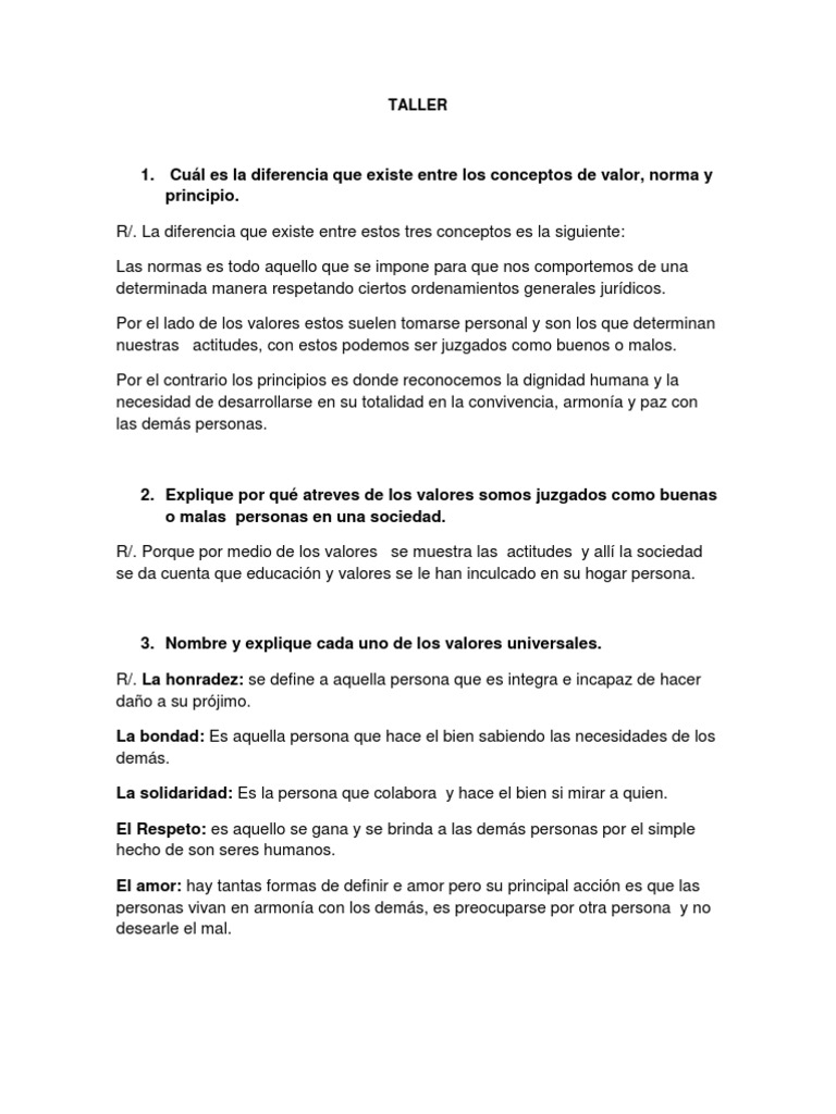 Taller Principios y Valores Universales | Descargar gratis PDF | Tolerancia | Amor