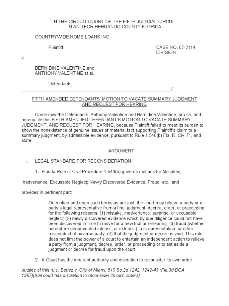 Motion to Vacate Summary Judgment | PDF | Summary Judgment | Affidavit