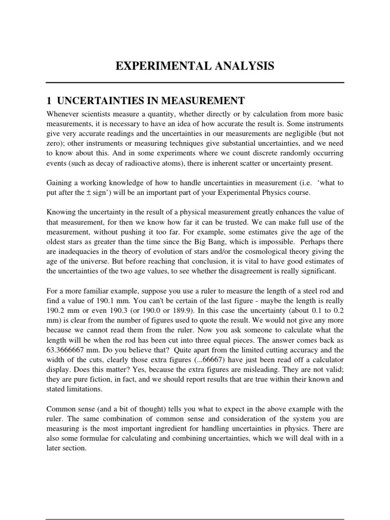 Experimental Analysis: 1 Uncertainties in Measurement | Download Free ...