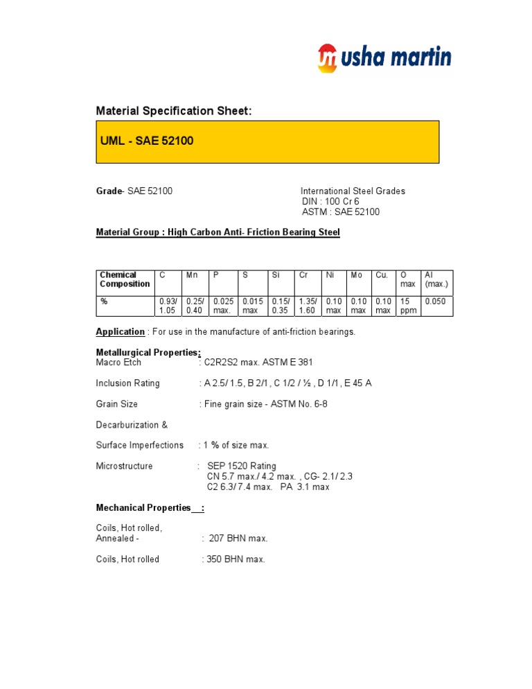 SAE 52100 Steel Material Specification | PDF