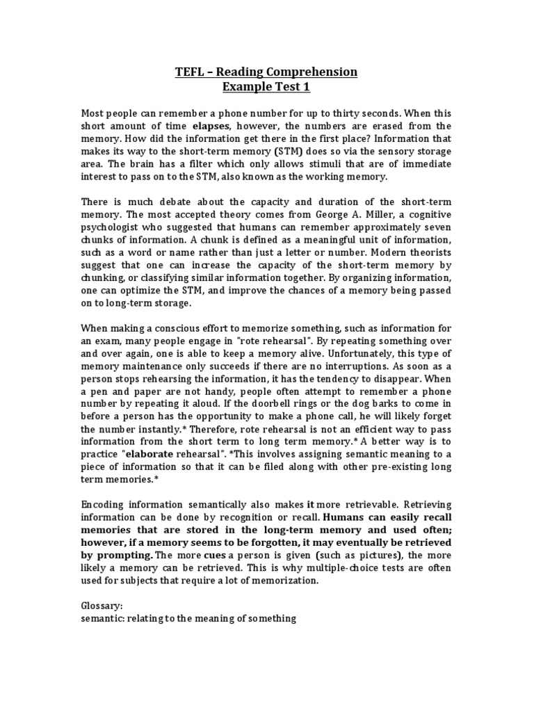 TEFL - Reading Comprehension Example Test 1 | Download Free PDF ...
