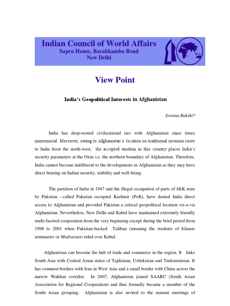 India's Geopolitical Interests in Afghanistan | PDF | Afghanistan ...