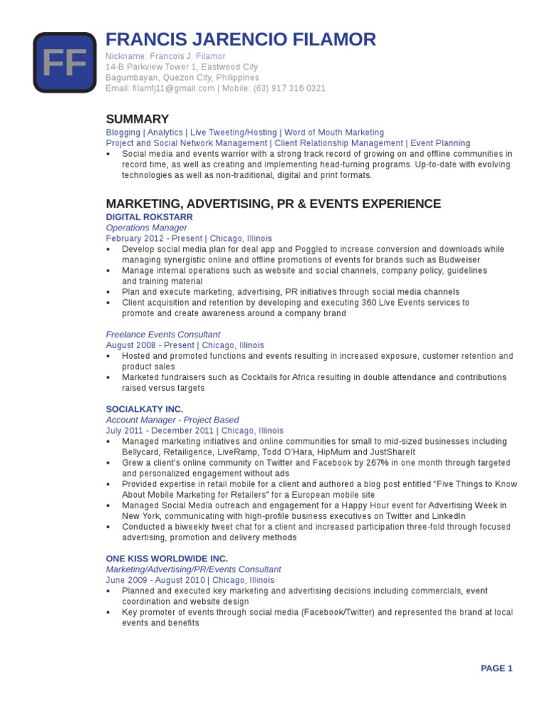 Francis Jarencio Filamor Resume | PDF | Twitter | Social Media