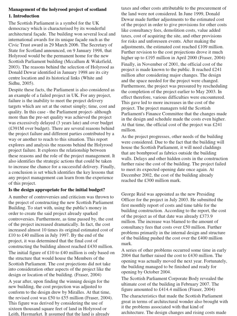 Management of The Holyrood Project of Scotland | PDF | Construction ...