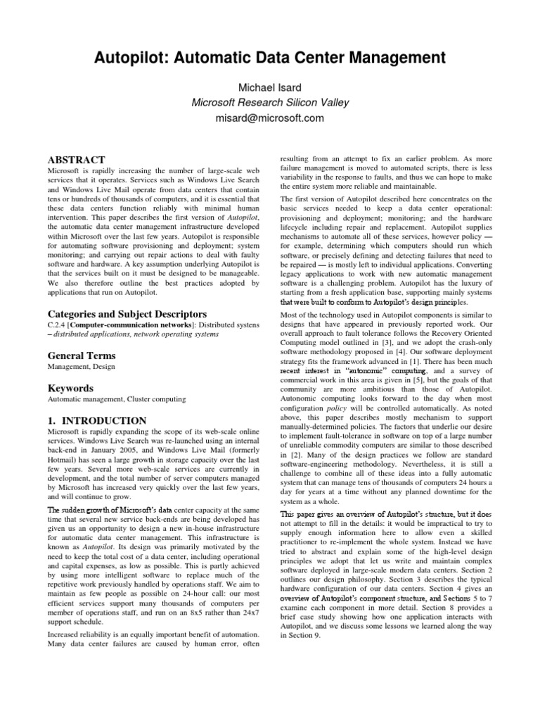 Autopilot: Automatic Data Center Management: Microsoft Research Silicon Valley | Download Free ...