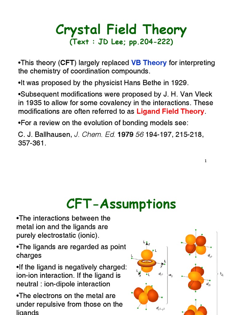 Crystal Field Theory: (Text: JD Lee; pp.204-222)