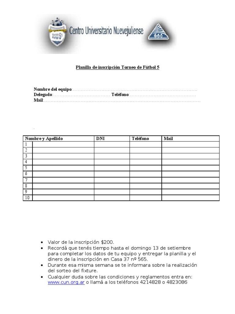 Planilla de Inscripción Torneo de Fútbol 5 | PDF