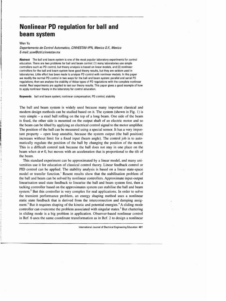 Nonlinear PD Regulation For Ball and Beam System | Download Free PDF ...
