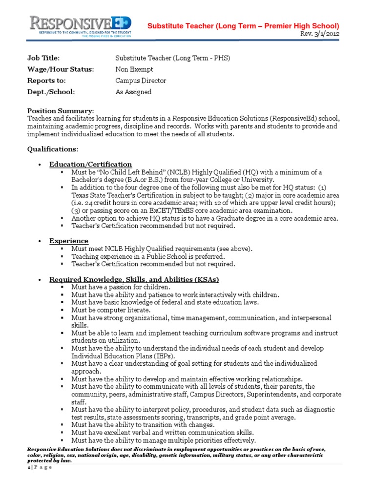 Long-Term Substitute Teacher Job Description | PDF | Career & Growth