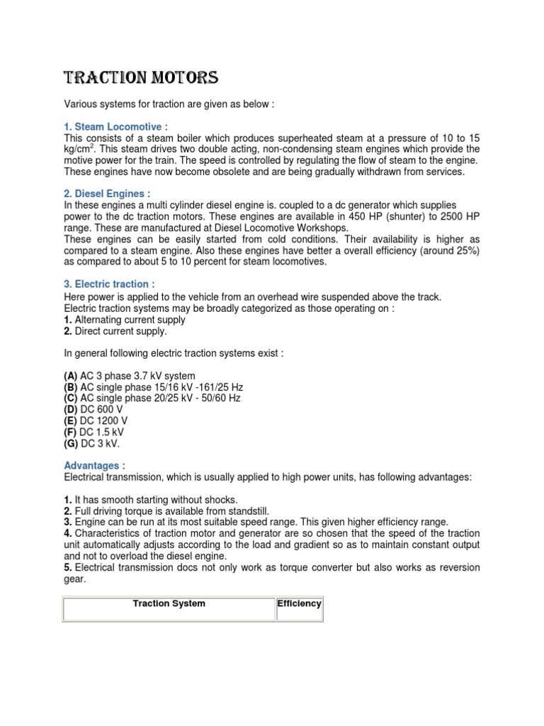 Traction Motors: 1. Steam Locomotive | PDF | Engines | Brake