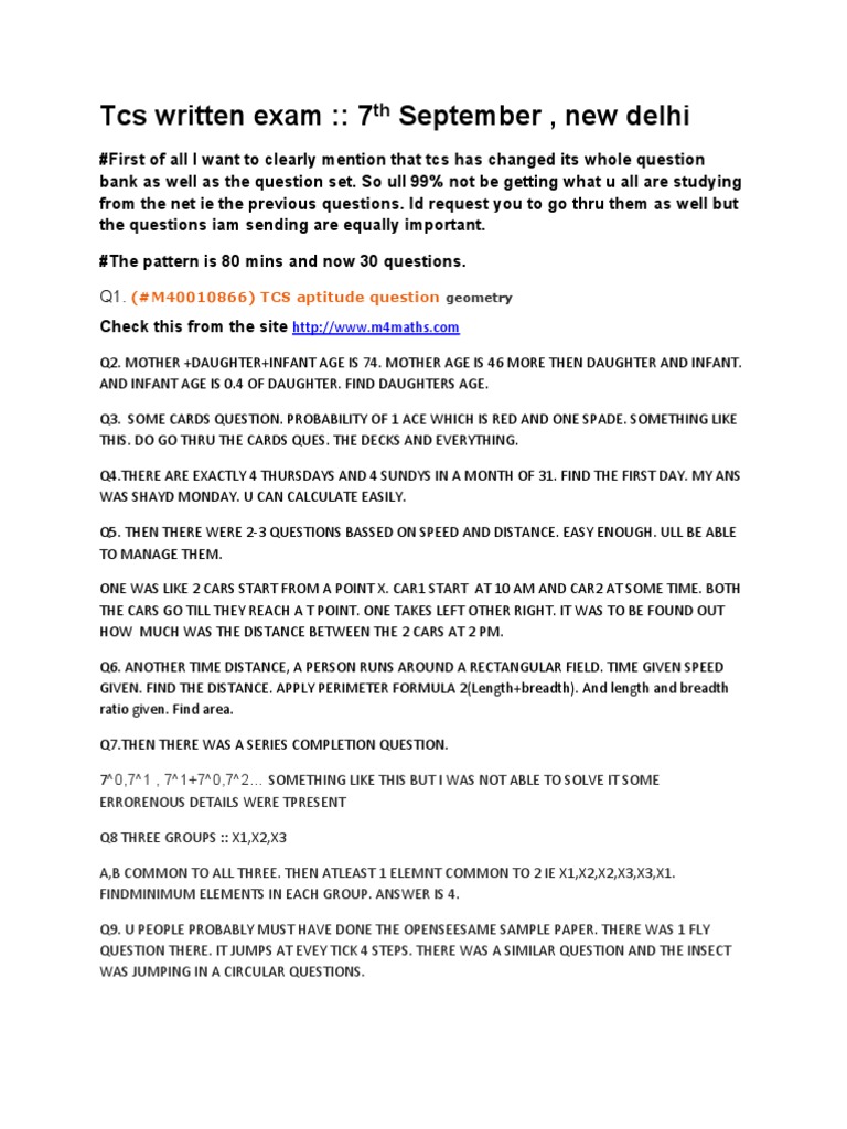 Tcs Written Exam:: 7 September, New Delhi: (#M40010866) TCS Aptitude ...