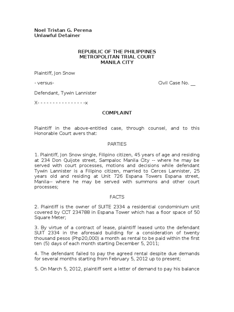 Complaint - Unlawful Detainer | PDF | Lawsuit | Public Law