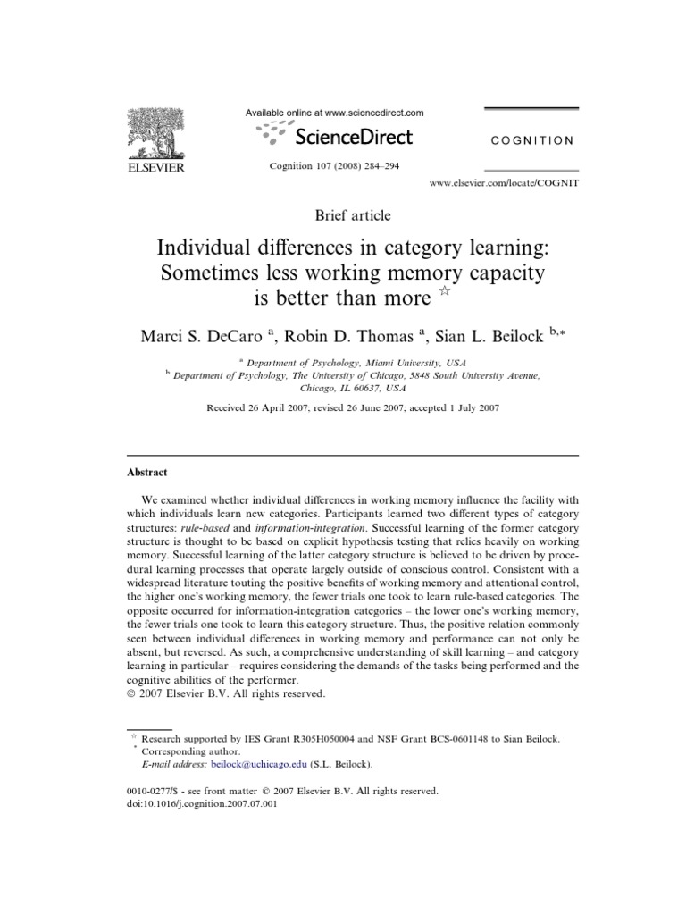 DeCaro, Thomas&Beilock 2008 | PDF | Working Memory | Memory