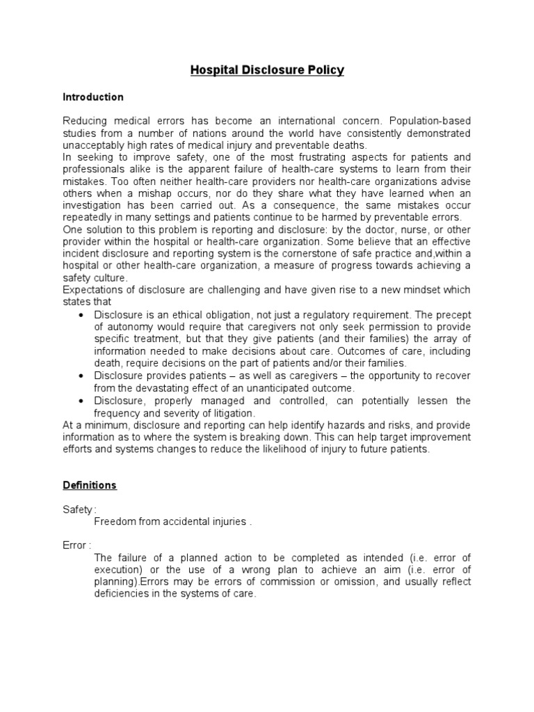 Hospital Disclosure Policy | PDF | Adverse Effect | Patient Safety