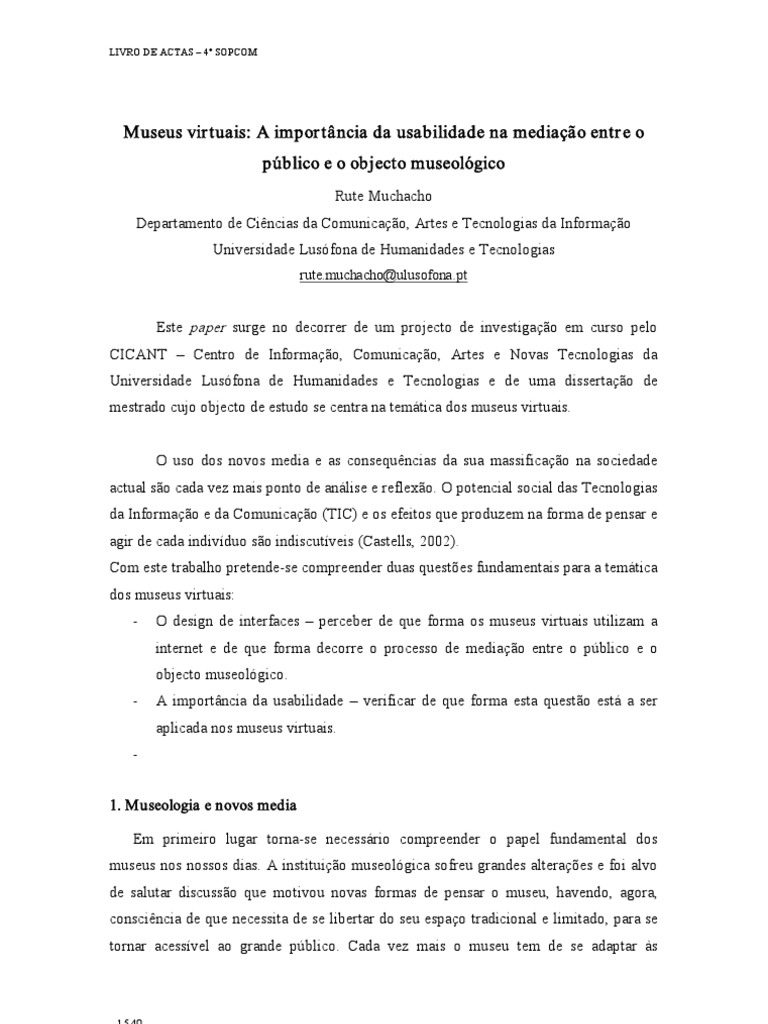 Muchacho Rute Museus Virtuais Importancia Usabilidade Mediacao | PDF ...