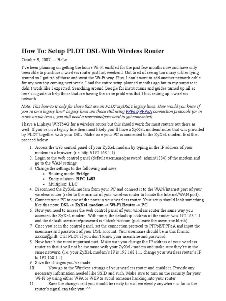 PLDT DSL Wi-Fi Setup Guide | PDF | Router (Computing) | Wi Fi