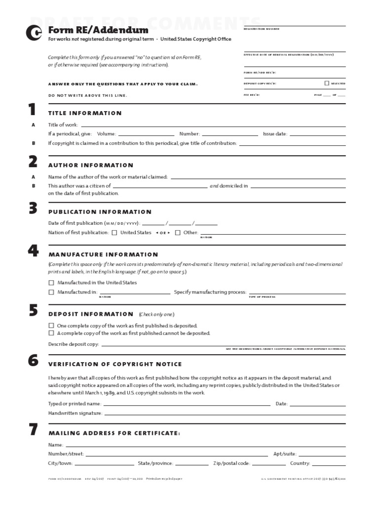 US Copyright Office: Formrea-Draft | PDF | United States Copyright ...