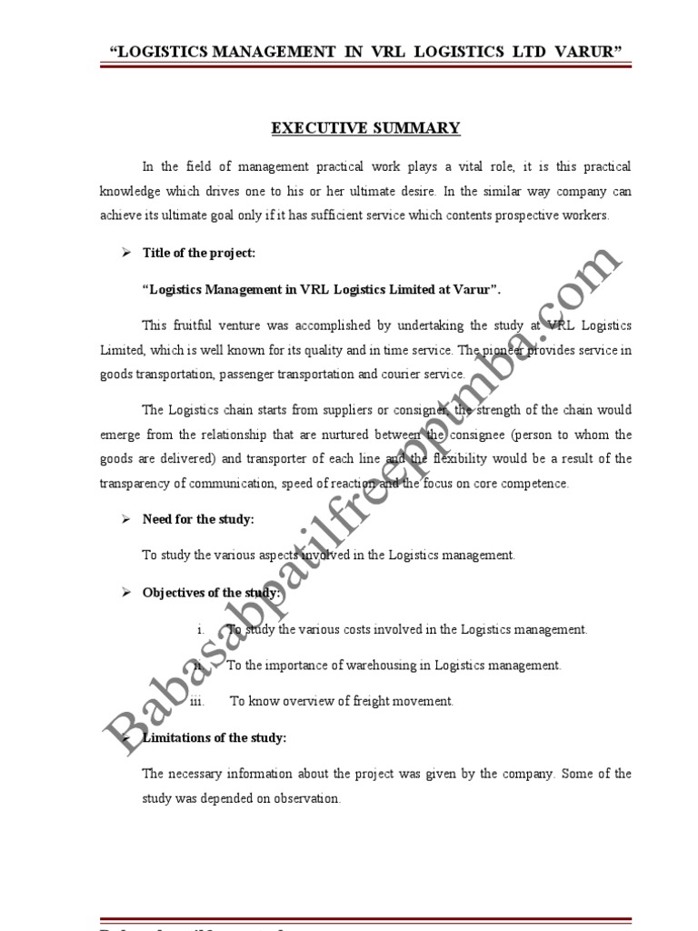 A Project Report On Logistics Management in VRL Logistics LTD Varur ...