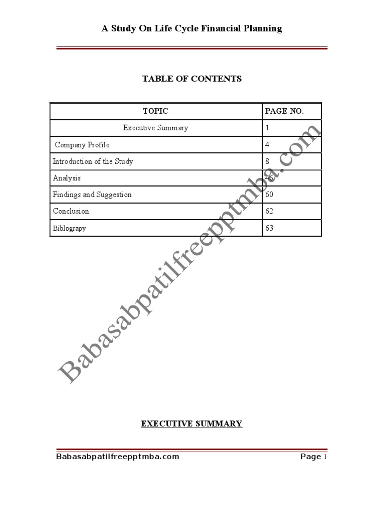 A Project Report On A Study On Life Cycle Financial Planning Mba ...
