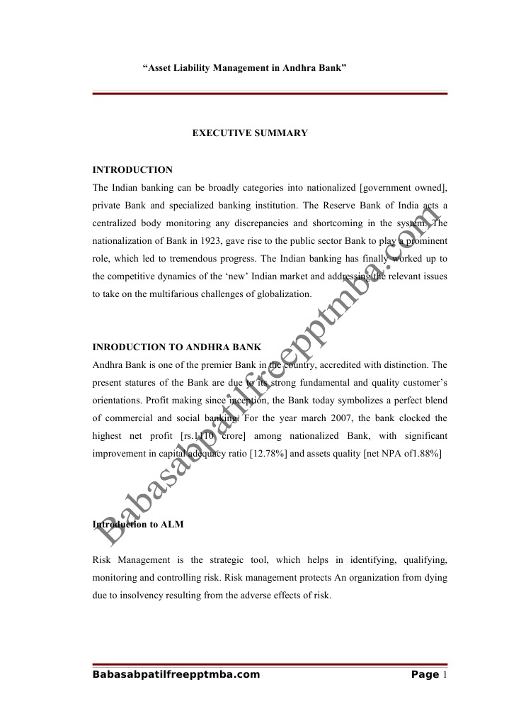 A Project Report On Asset Liability Management in Andhra Bank | PDF ...