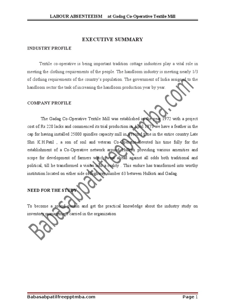 A Project Report On LABOUR ABSENTEEISM at Gadag Co-Operative Textile ...