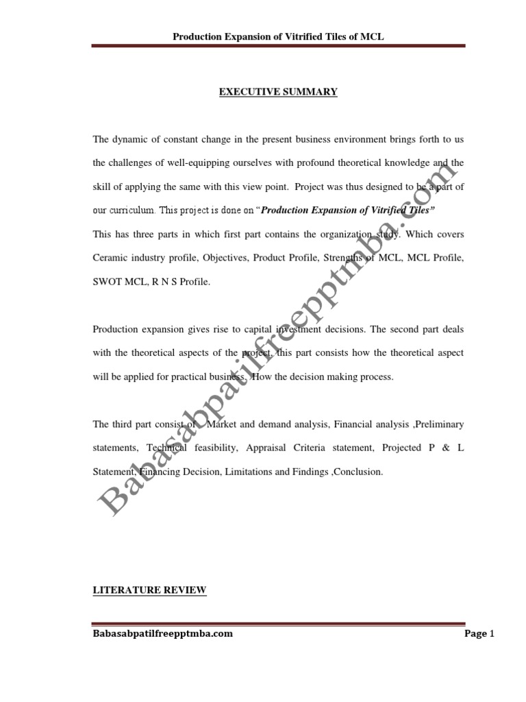 A Project Report On Production Expansion of Vitrified Tiles of MCL | PDF | Feasibility Study ...