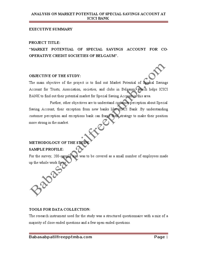 A Project Report On Analysis On Market Potential of Special Savings ...