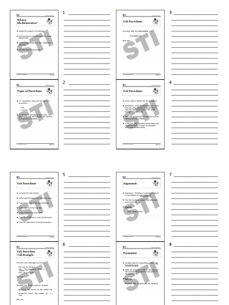 Weeks 8 9 Sessions 21 26 Sub Procedures And Functions Pdf Parameter Computer Programming