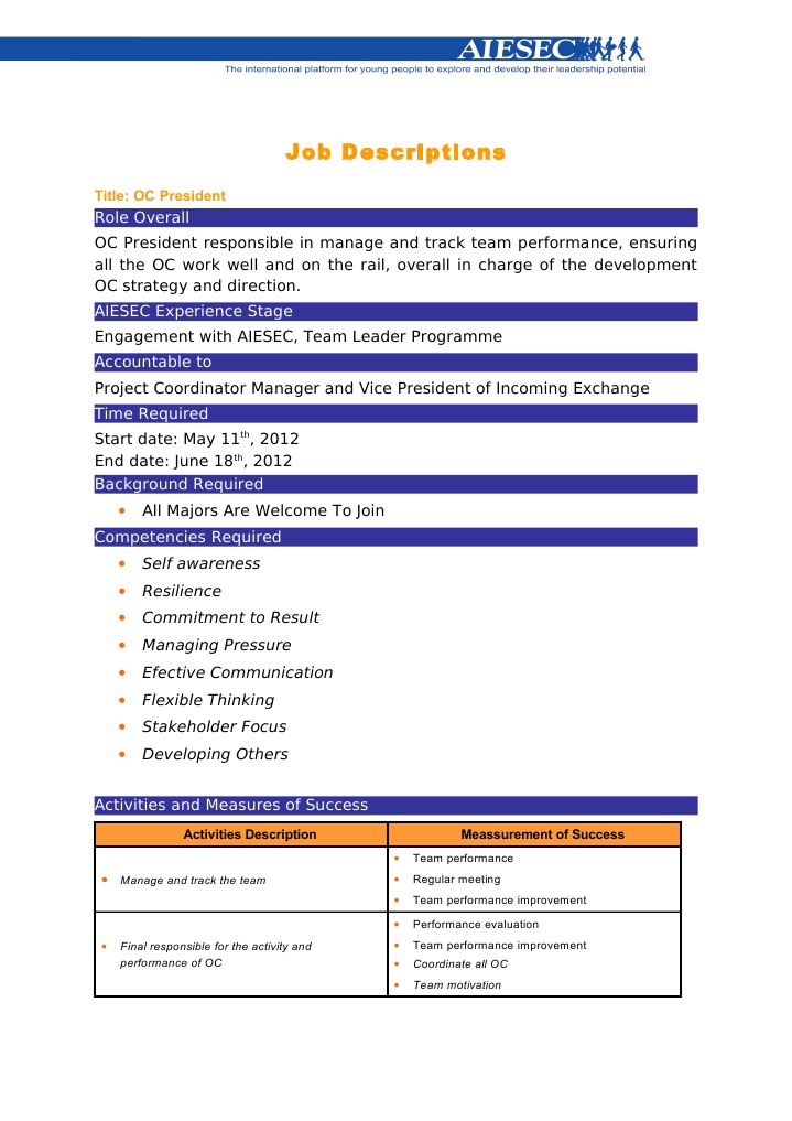 OC President Job Description and Skills | PDF