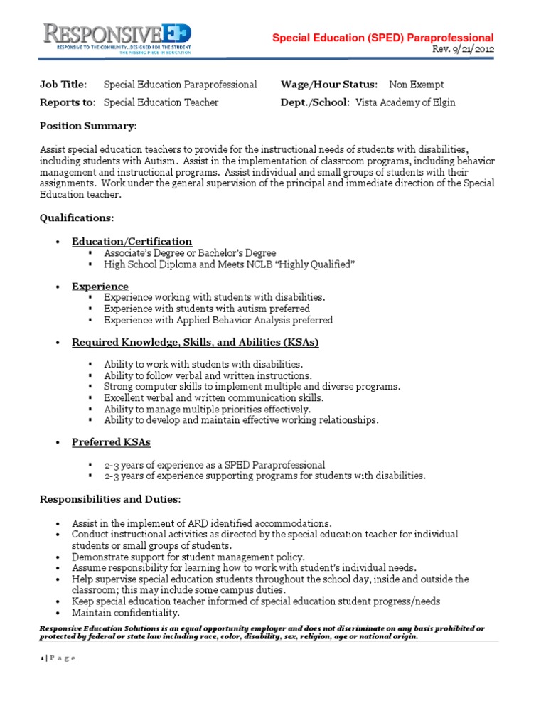 Special Education Paraprofessional Job Description For Elgin | PDF ...
