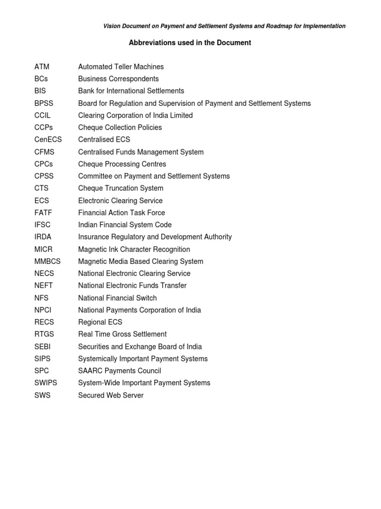 Abbreviations Used in The Document: Vision Document On Payment and ...