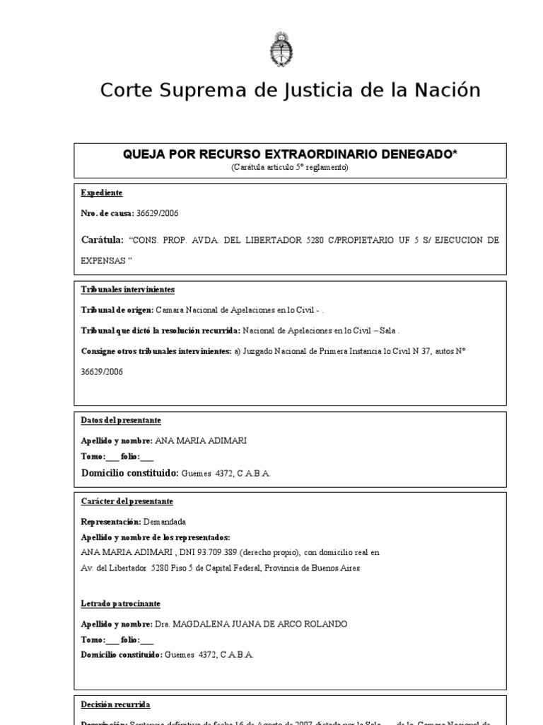 Queja Por Recurso Extraordinario Denegado | Buenos Aires | Instituciones sociales