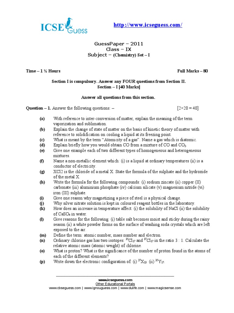 ICSE 9TH CLASS Chem Practise Paper | PDF | Chemical Elements | Ion