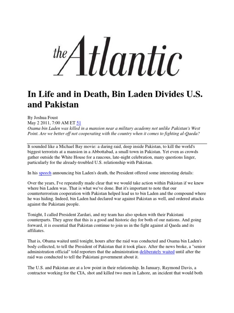In Life and in Death Bin Laden Divides US and Pakistan - Foust | PDF ...