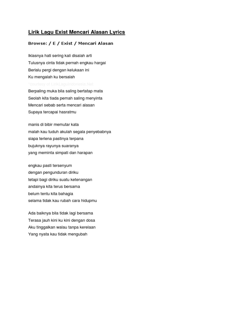 Lirik Lagu Exist Mencari Alasan Lyrics | PDF