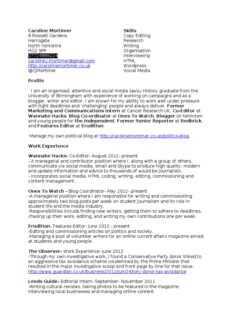 Caroline Mortimer CV Scribd 4 | PDF | Editing | Blog